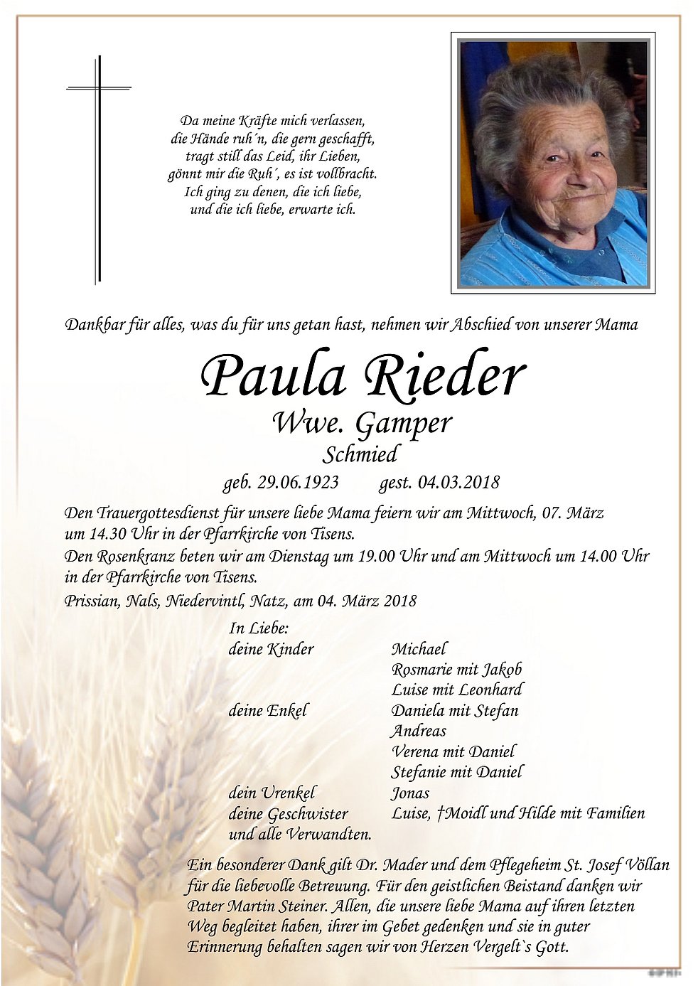 Paula Rieder aus Tisens - TrauerHilfe.it - das Südtiroler Gedenkportal