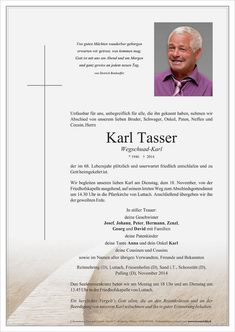 Karl Tasser aus außerhalb Südtirol - TrauerHilfe.it - das Südtiroler ...