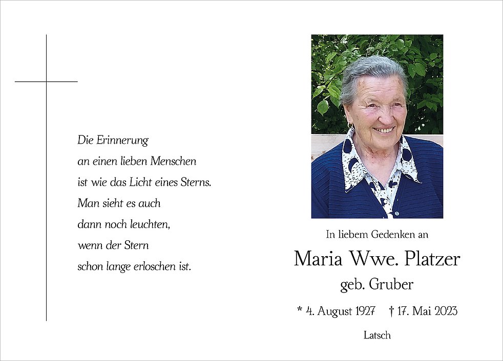 Maria Wwe. Platzer aus Latsch - TrauerHilfe.it - das Südtiroler Gedenkportal