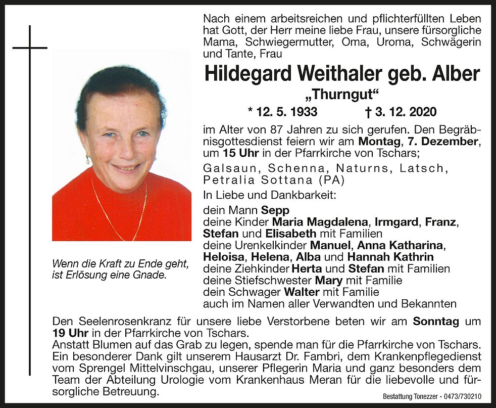 Hildegard Weithaler aus Kastelbell-Tschars - TrauerHilfe.it - das ...