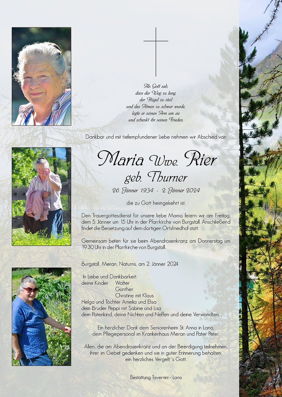 Maria Wwe. Rier aus Burgstall - TrauerHilfe.it - das Südtiroler ...