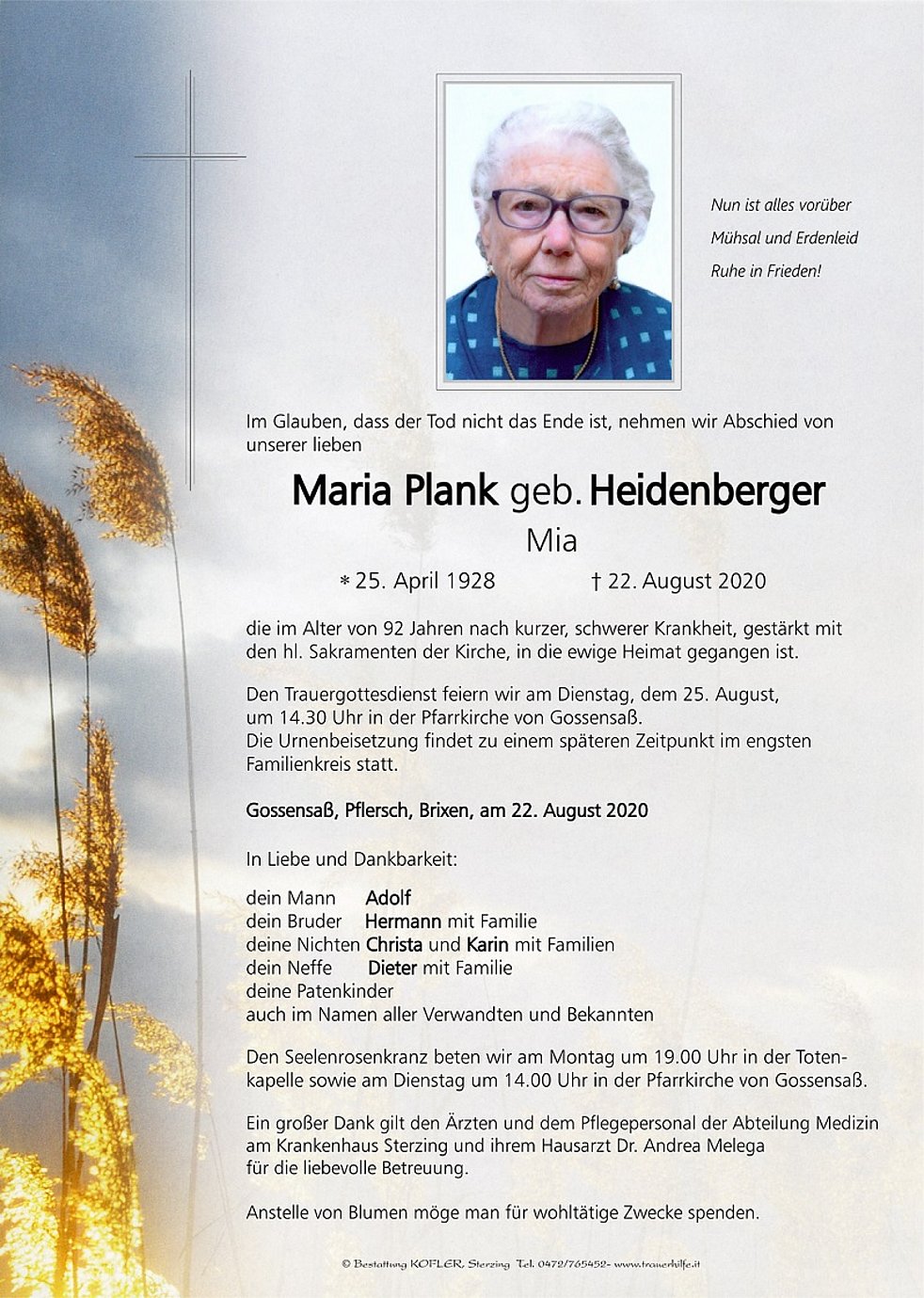 Maria Plank aus Brenner - TrauerHilfe.it - das Südtiroler Gedenkportal