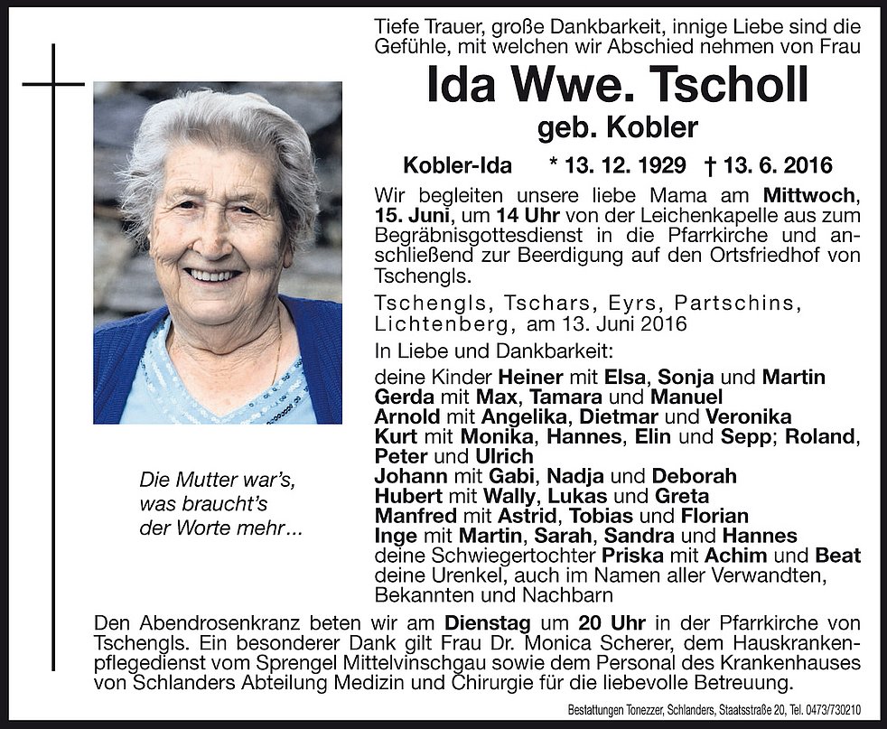 Ida Wwe. Tscholl aus Laas - TrauerHilfe.it - das Südtiroler Gedenkportal