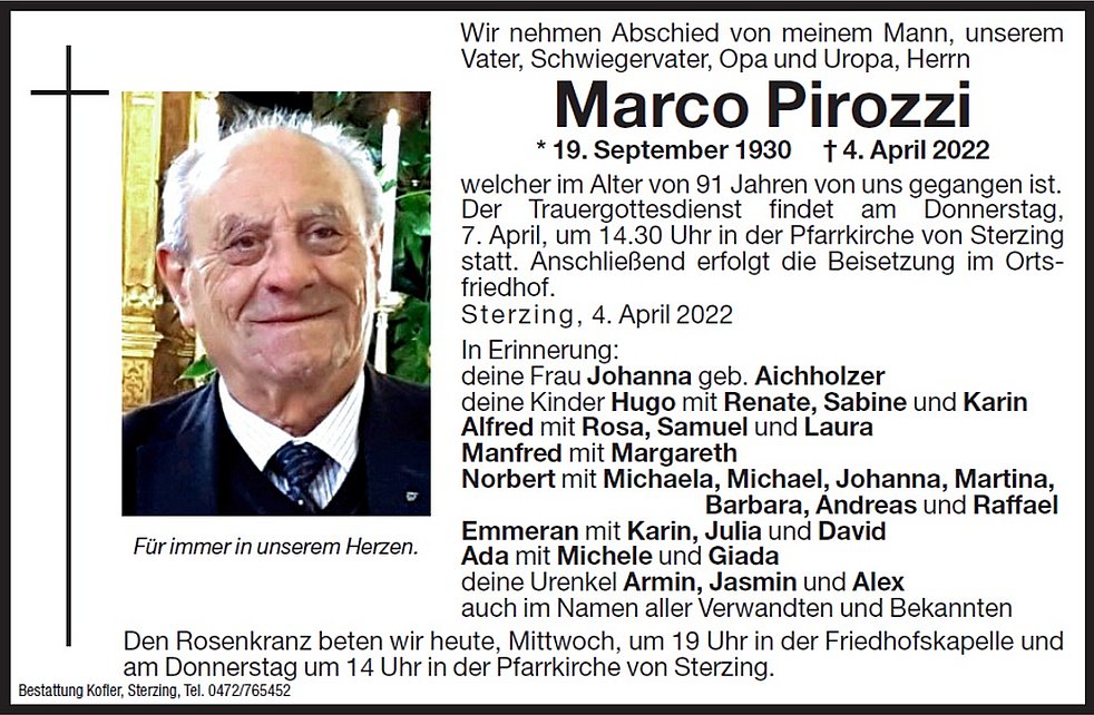 Marco Pirozzi aus Sterzing - TrauerHilfe.it - das Südtiroler Gedenkportal