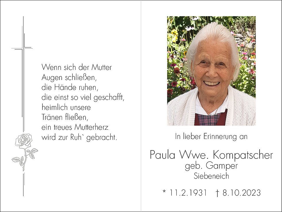 Paula Wwe. Kompatscher aus Terlan - TrauerHilfe.it - das Südtiroler ...