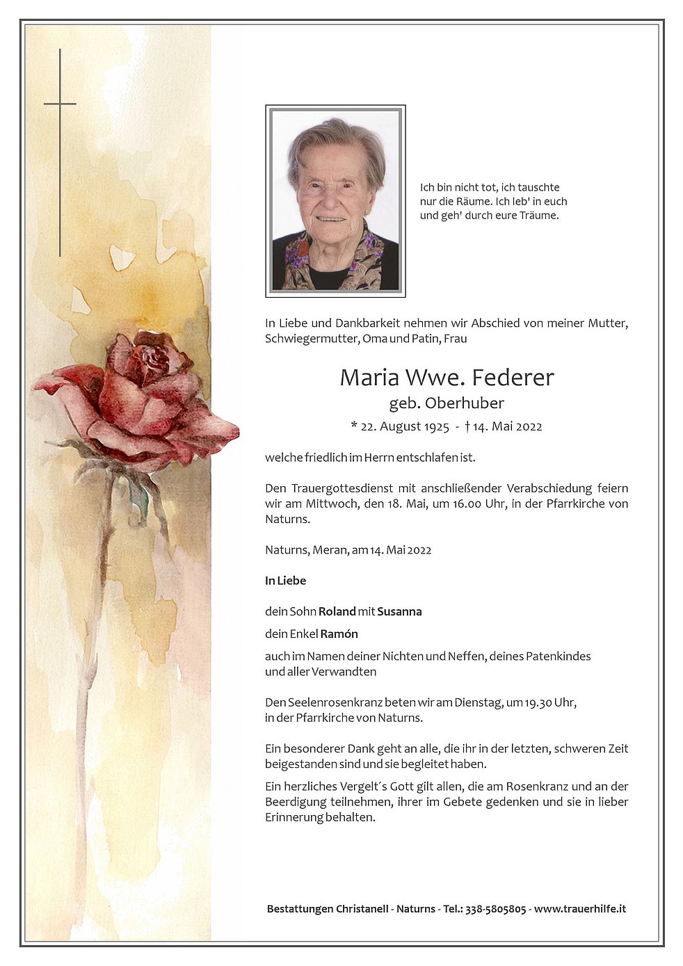 Maria Wwe. Federer aus Naturns - TrauerHilfe.it - das Südtiroler Gedenkportal