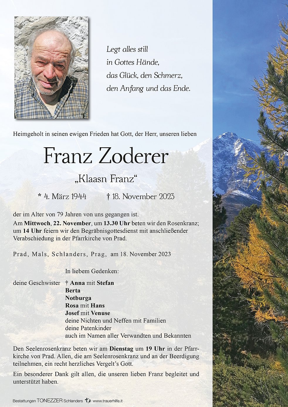 Franz Zoderer aus Prad am Stilfserjoch - TrauerHilfe.it - das Südtiroler Gedenkportal