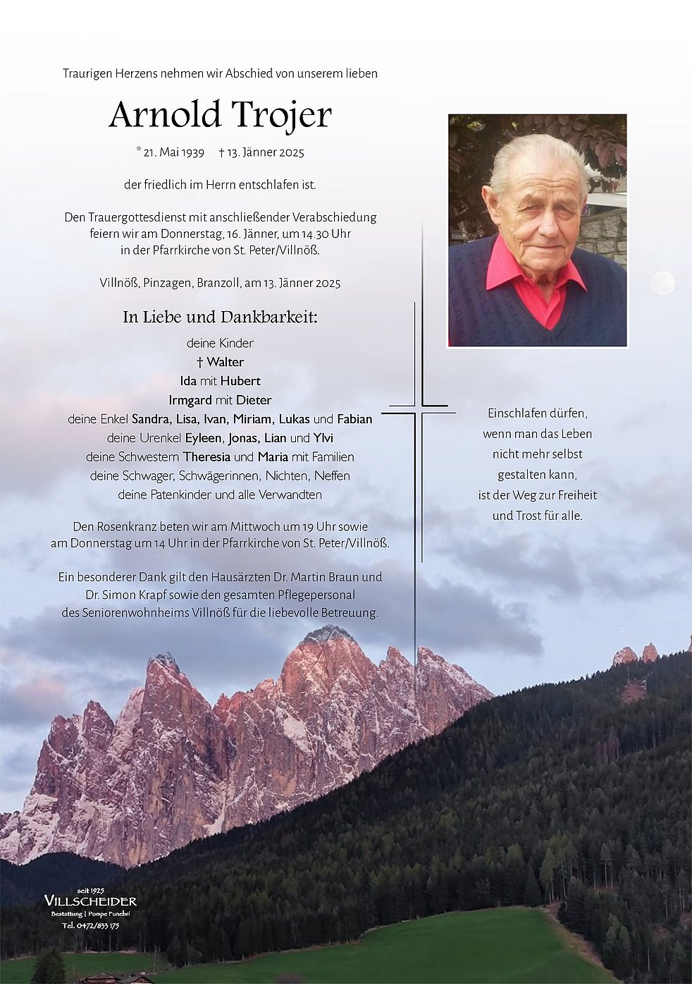 Arnold Trojer aus Villnöß - TrauerHilfe.it - das Südtiroler Gedenkportal