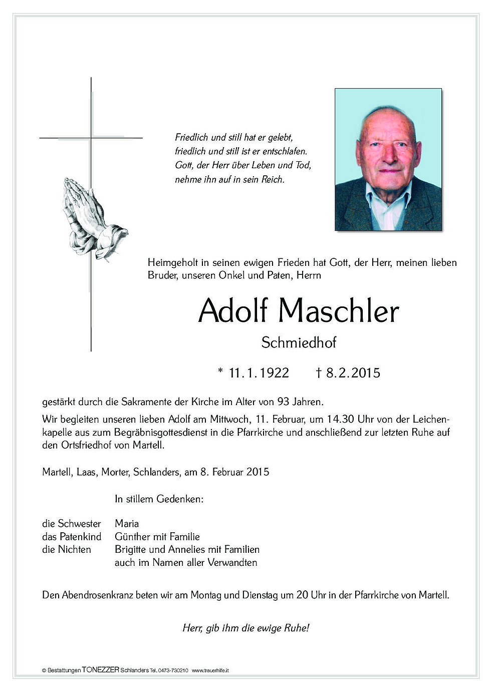 Adolf Maschler aus Martell - TrauerHilfe.it - das Südtiroler Gedenkportal