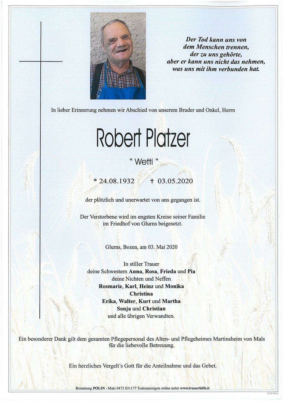 Robert Platzer aus Glurns - TrauerHilfe.it - das Südtiroler Gedenkportal