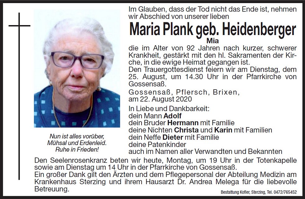 Maria Plank aus Brenner - TrauerHilfe.it - das Südtiroler Gedenkportal
