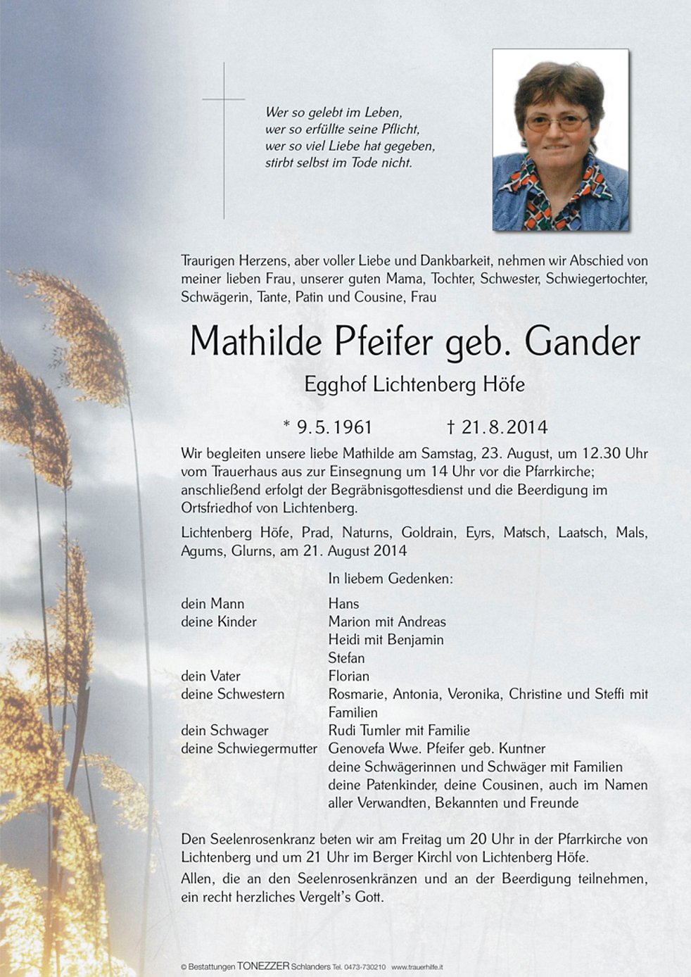 Mathilde Pfeifer aus Prad am Stilfserjoch - TrauerHilfe.it - das Südtiroler Gedenkportal