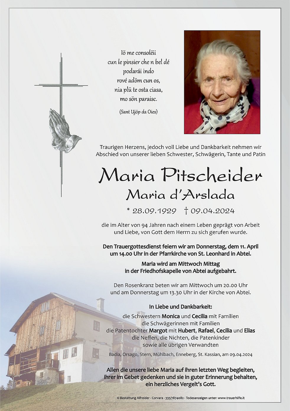 Maria Pitscheider aus Abtei - TrauerHilfe.it - das Südtiroler Gedenkportal