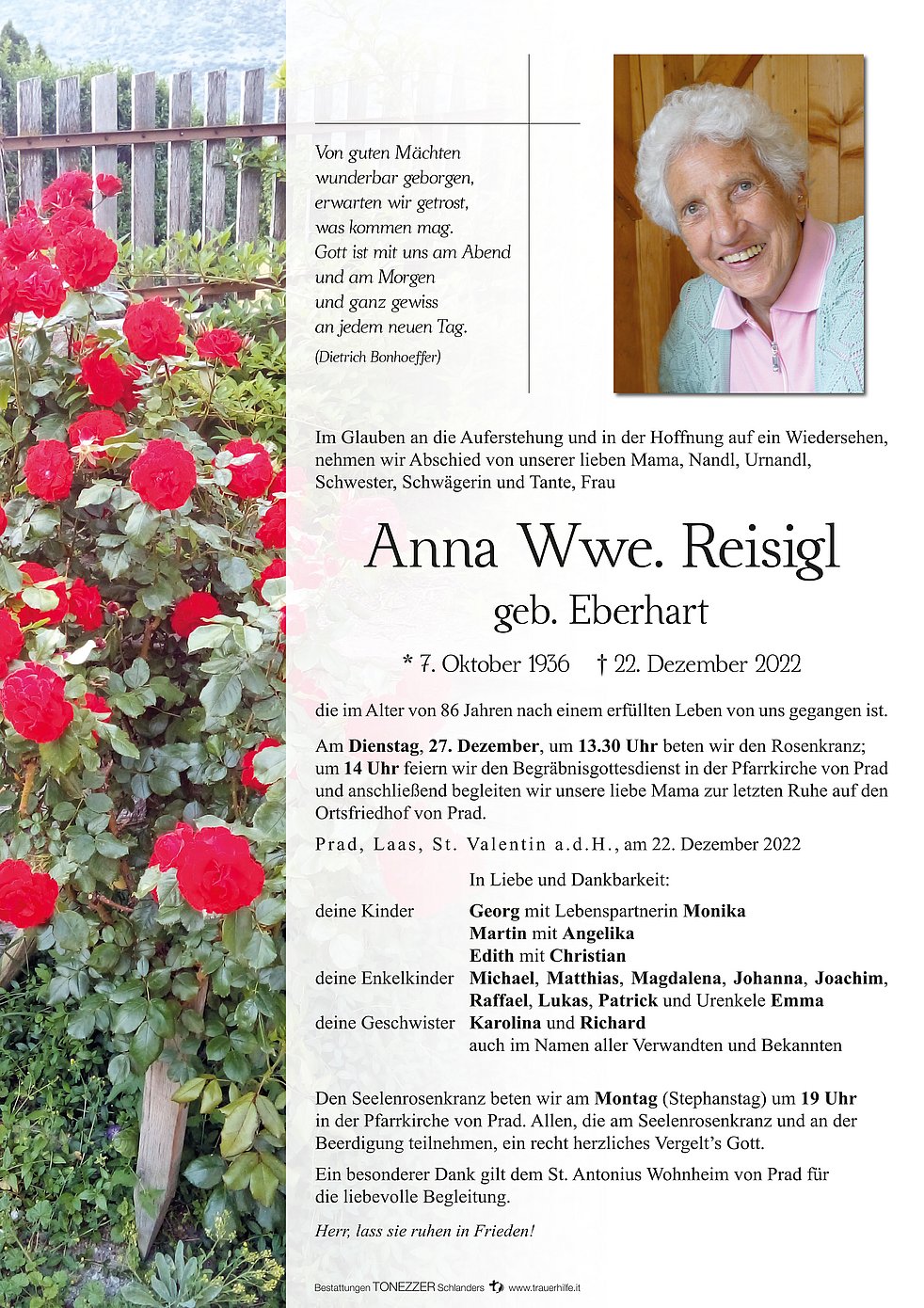 Anna Wwe. Reisigl aus Prad am Stilfserjoch - TrauerHilfe.it - das Südtiroler Gedenkportal