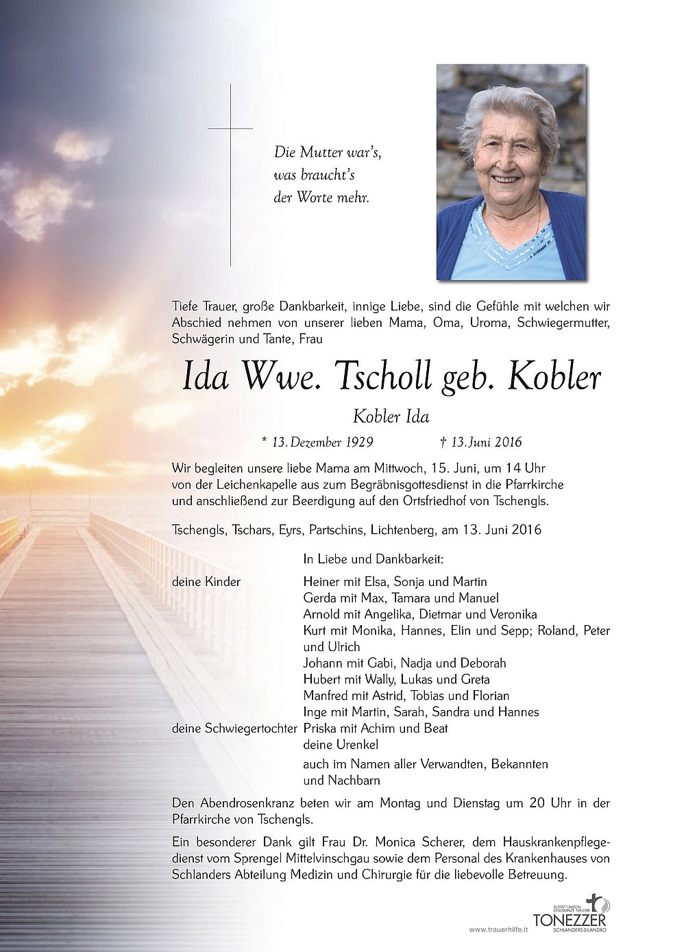 Ida Wwe. Tscholl aus Laas - TrauerHilfe.it - das Südtiroler Gedenkportal