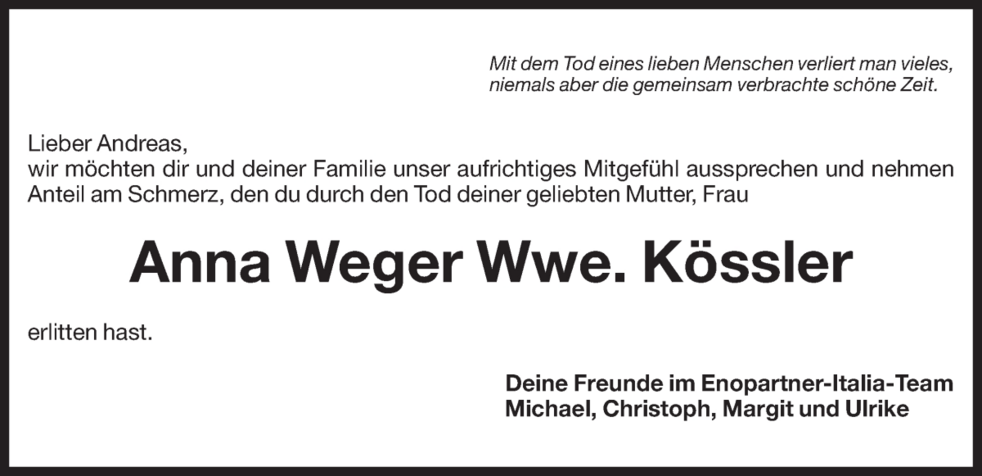 Anna Weger Wwe. Kössler aus Eppan a. d. W. - TrauerHilfe.it - das ...