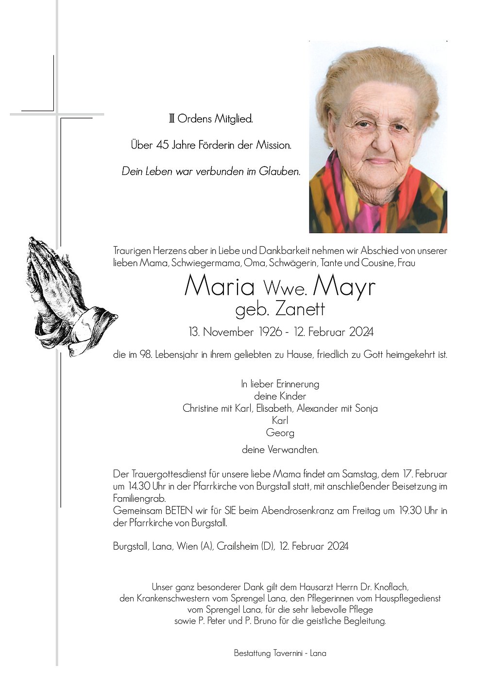 Maria Wwe. Mayr aus Burgstall - TrauerHilfe.it - das Südtiroler ...