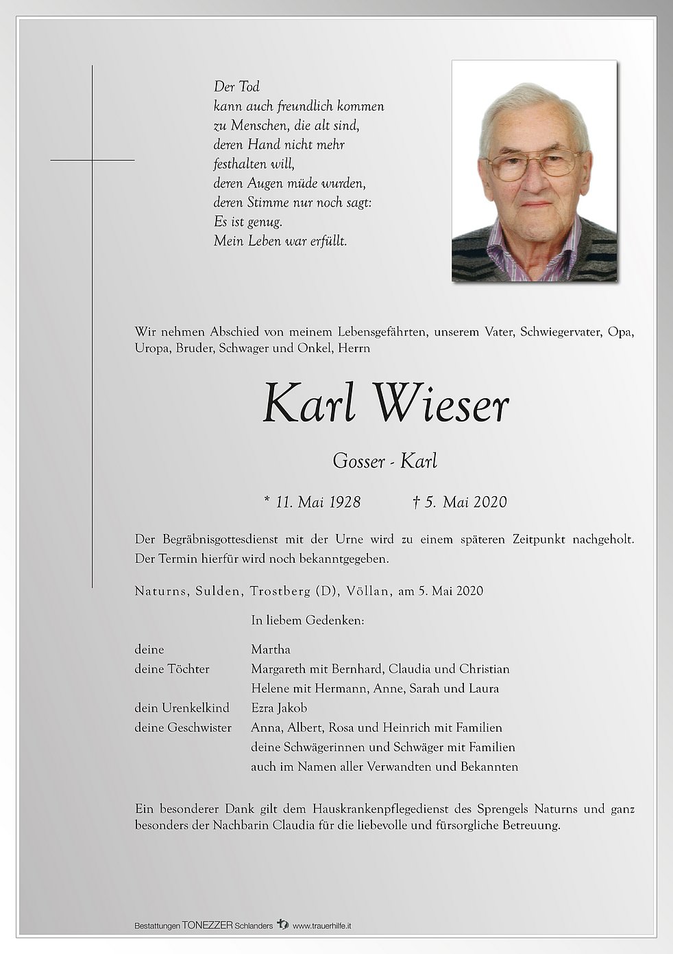 Karl Wieser aus Naturns - TrauerHilfe.it - das Südtiroler Gedenkportal
