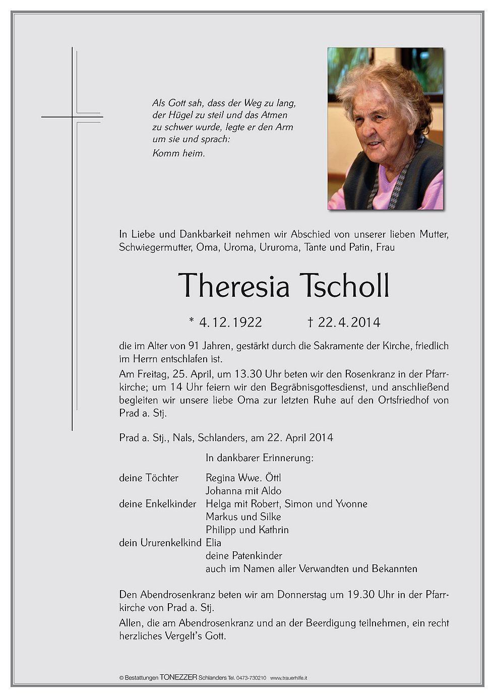 Theresia Tscholl aus Prad am Stilfserjoch - TrauerHilfe.it - das Südtiroler Gedenkportal