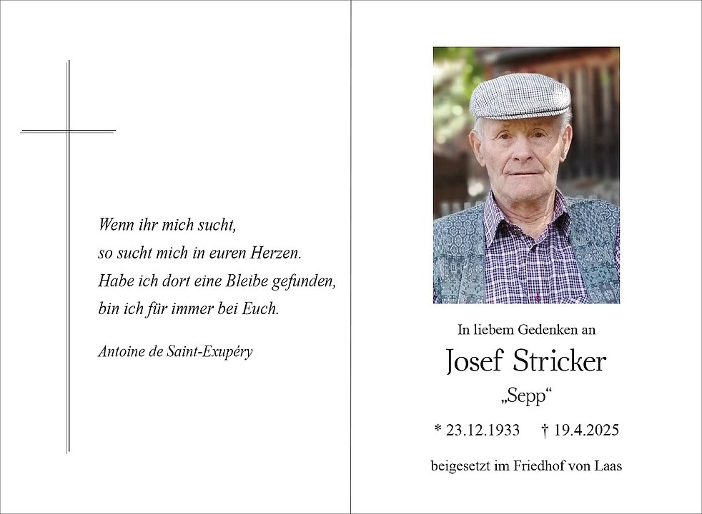 Josef Stricker aus Laas - TrauerHilfe.it - das Südtiroler Gedenkportal