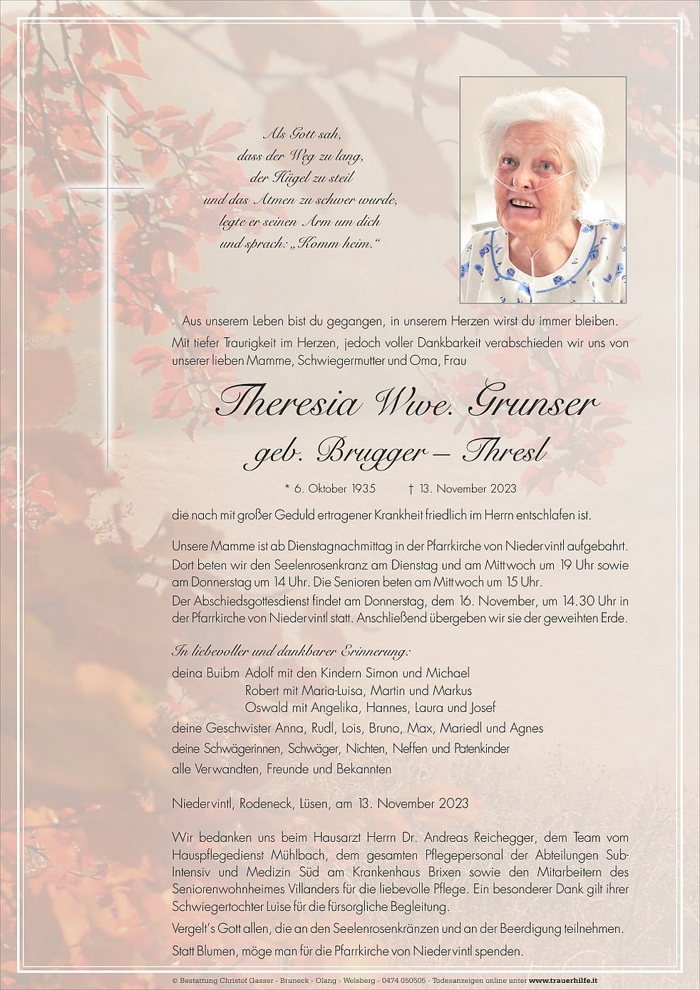 Theresia Wwe. Grunser aus Vintl - TrauerHilfe.it - das Südtiroler Gedenkportal