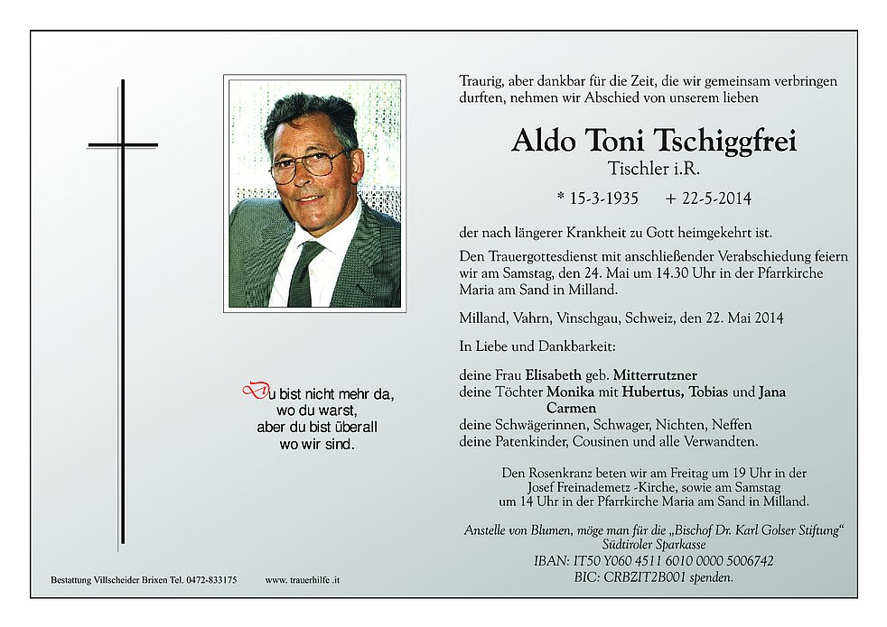Aldo Toni Tschiggfrei aus Brixen - TrauerHilfe.it - das Südtiroler ...