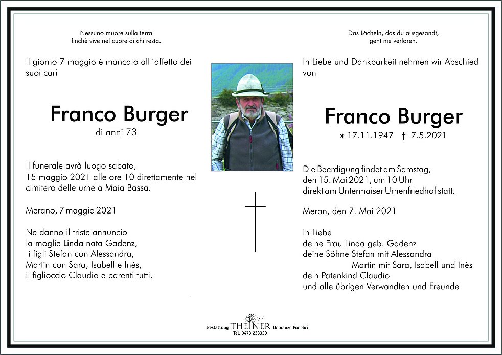 Franco Burger aus Meran - TrauerHilfe.it - das Südtiroler Gedenkportal Franco Burger aus Meran - TrauerHilfe.it - das Südtiroler Gedenkportal