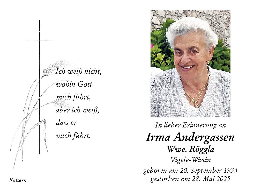 Irma Wwe. Röggla aus Kaltern - TrauerHilfe.it - das Südtiroler Gedenkportal