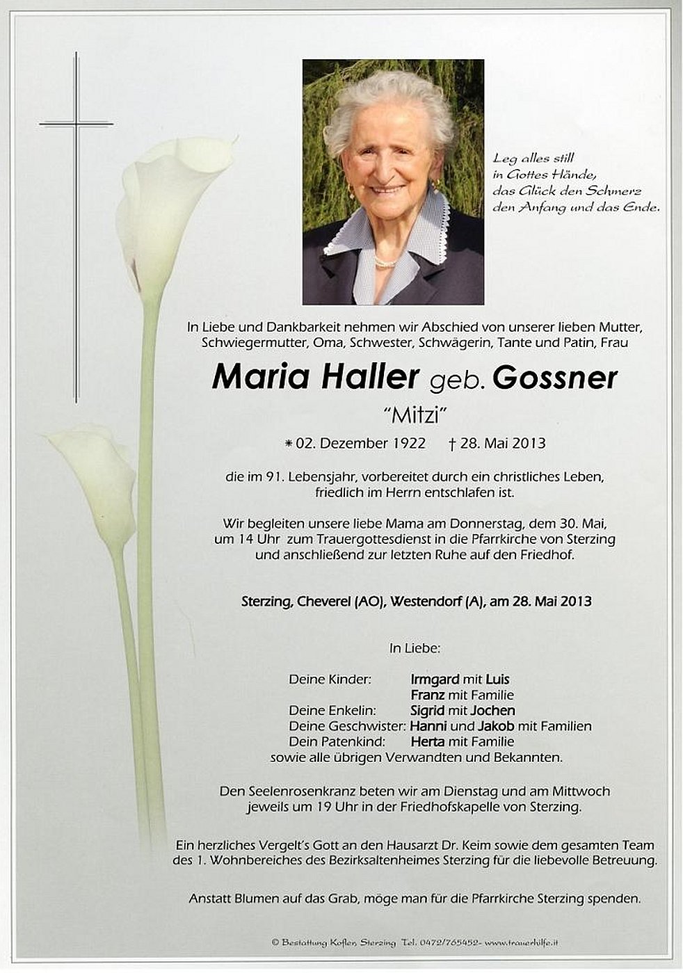 Maria Haller aus Sterzing - TrauerHilfe.it - das Südtiroler Gedenkportal