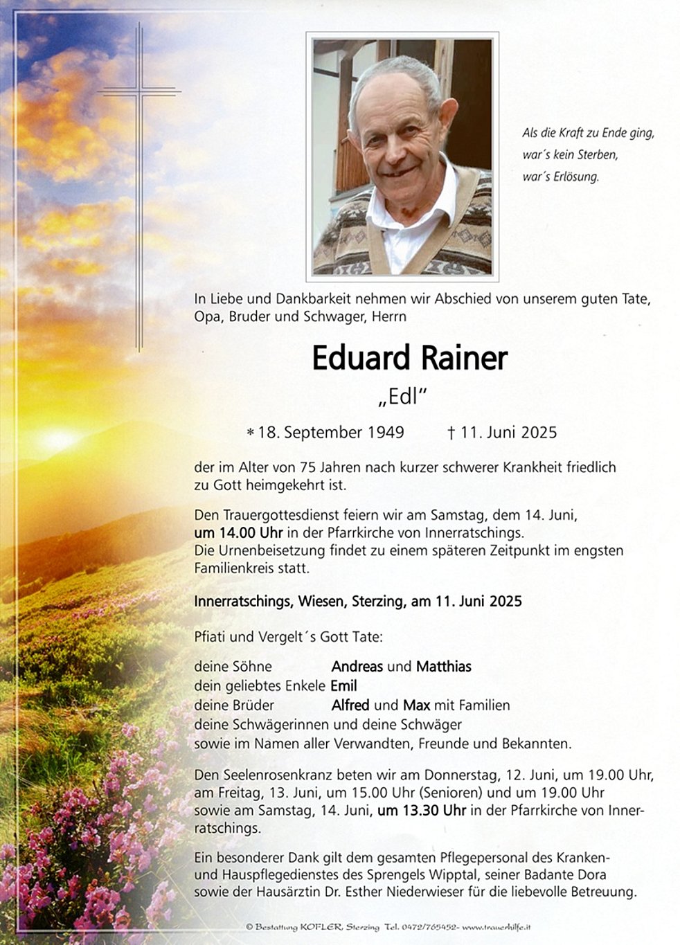Eduard Rainer aus Ratschings - TrauerHilfe.it - das Südtiroler Gedenkportal