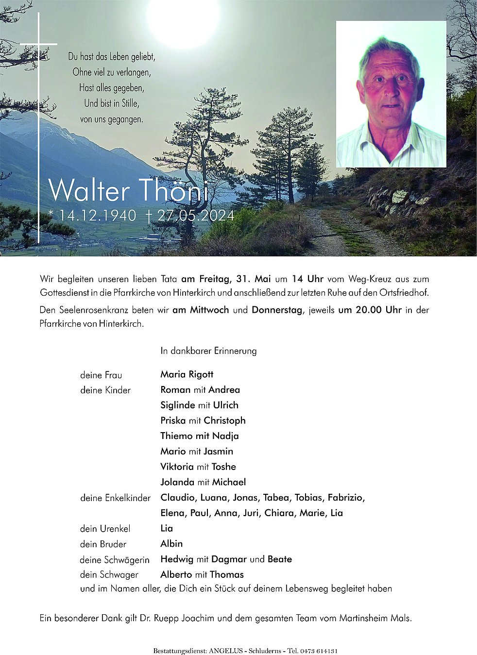 Walter Thöni aus Graun - TrauerHilfe.it - das Südtiroler Gedenkportal