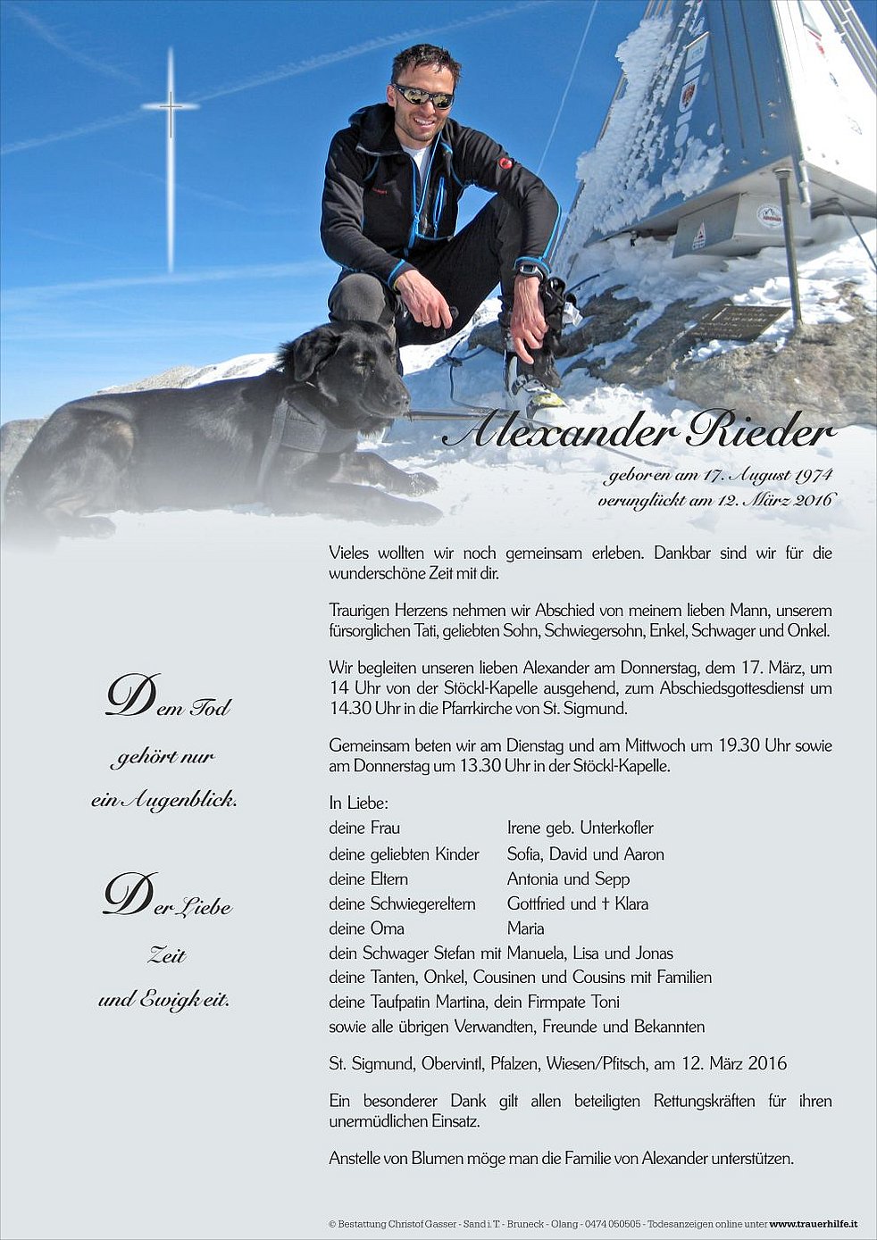 Alexander Rieder aus Kiens - TrauerHilfe.it - das Südtiroler Gedenkportal