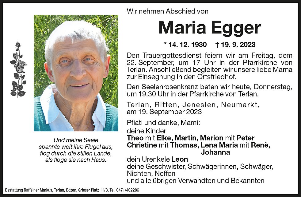 Maria Egger aus Terlan - TrauerHilfe.it - das Südtiroler Gedenkportal