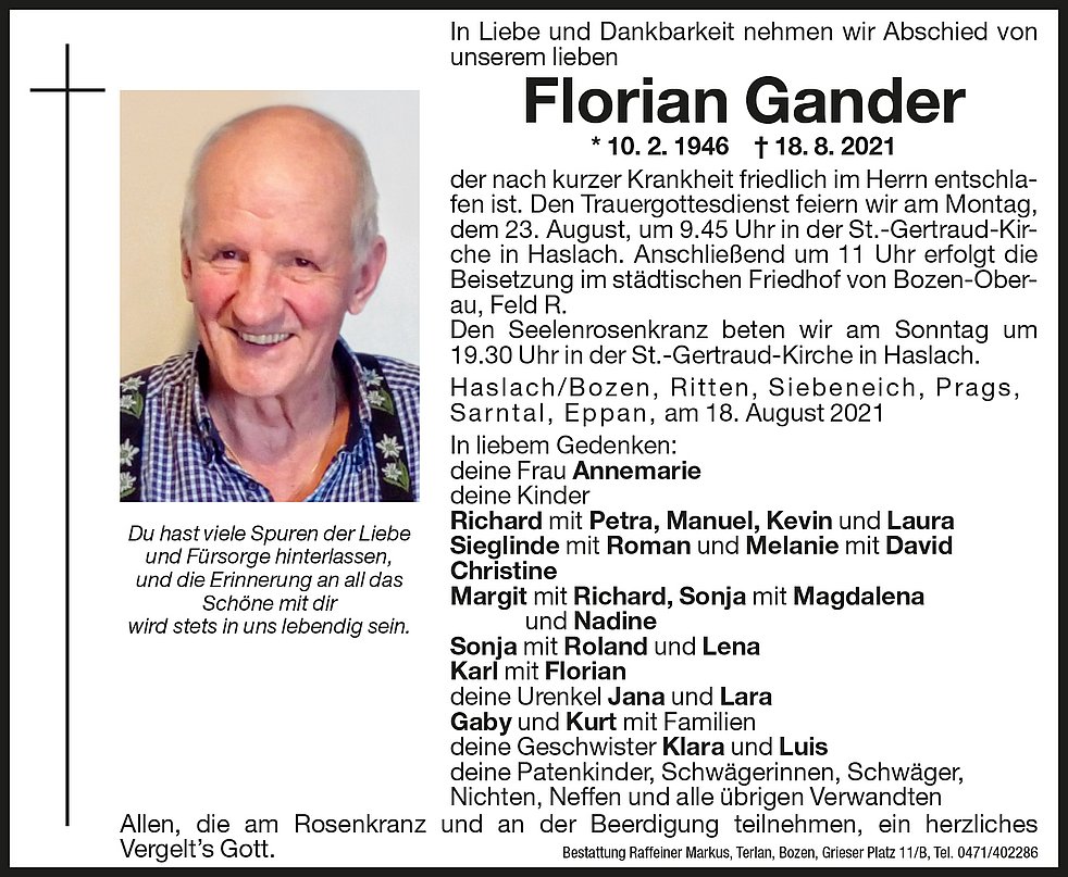 Florian Gander aus Bozen - TrauerHilfe.it - das Südtiroler Gedenkportal