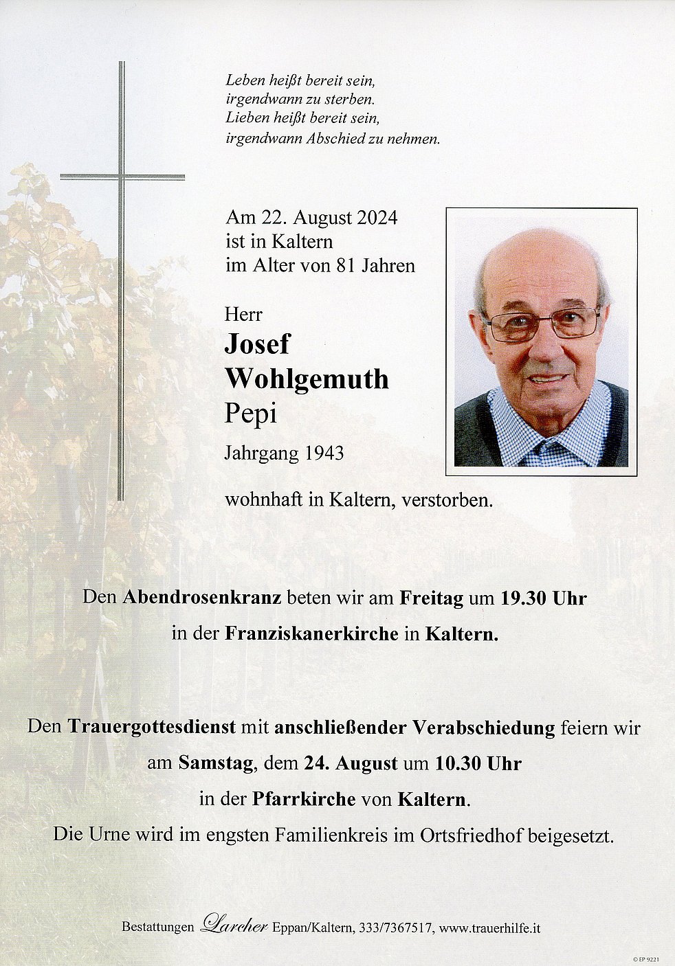Josef Wohlgemuth aus Kaltern - TrauerHilfe.it - das Südtiroler Gedenkportal