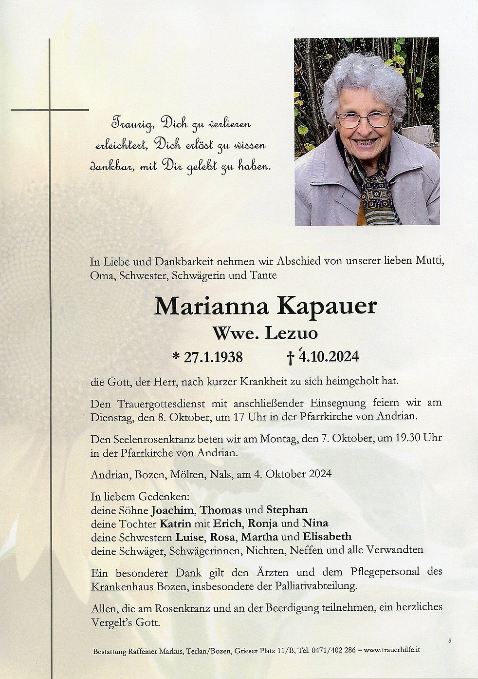 Marianna Kapauer aus Andrian - TrauerHilfe.it - das Südtiroler Gedenkportal