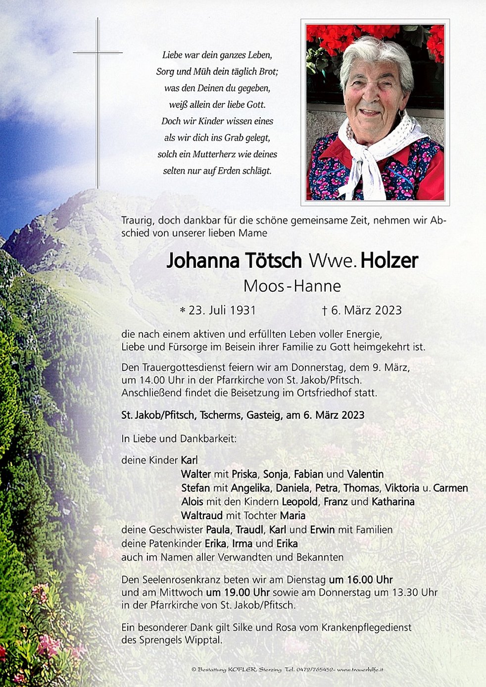 Johanna Tötsch aus Pfitsch - TrauerHilfe.it - das Südtiroler Gedenkportal