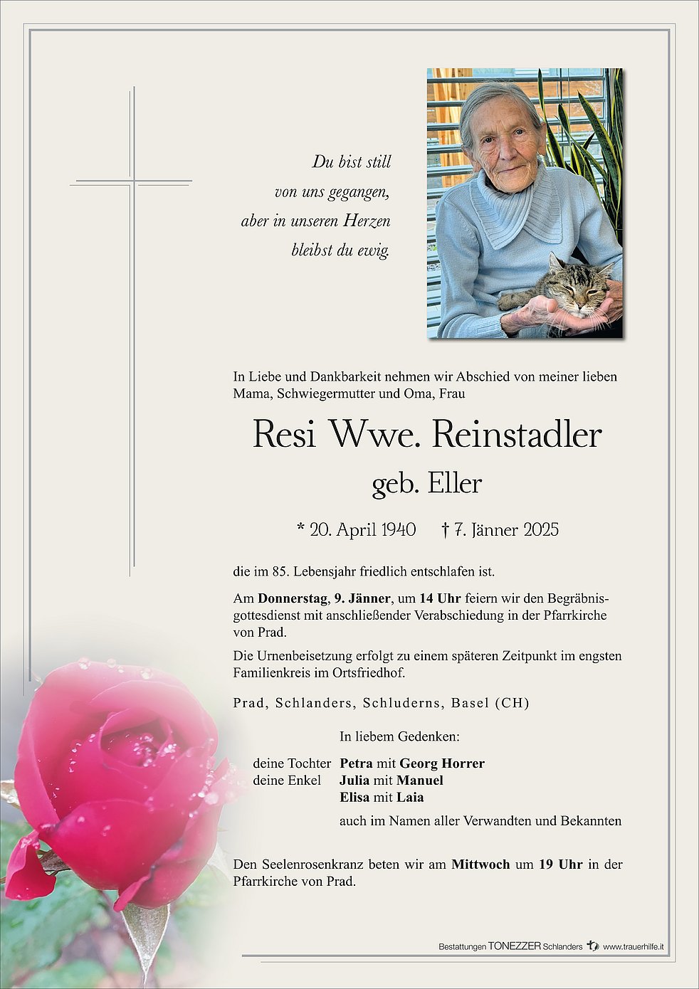 Resi Wwe. Reinstadler aus Prad am Stilfserjoch - TrauerHilfe.it - das Südtiroler Gedenkportal