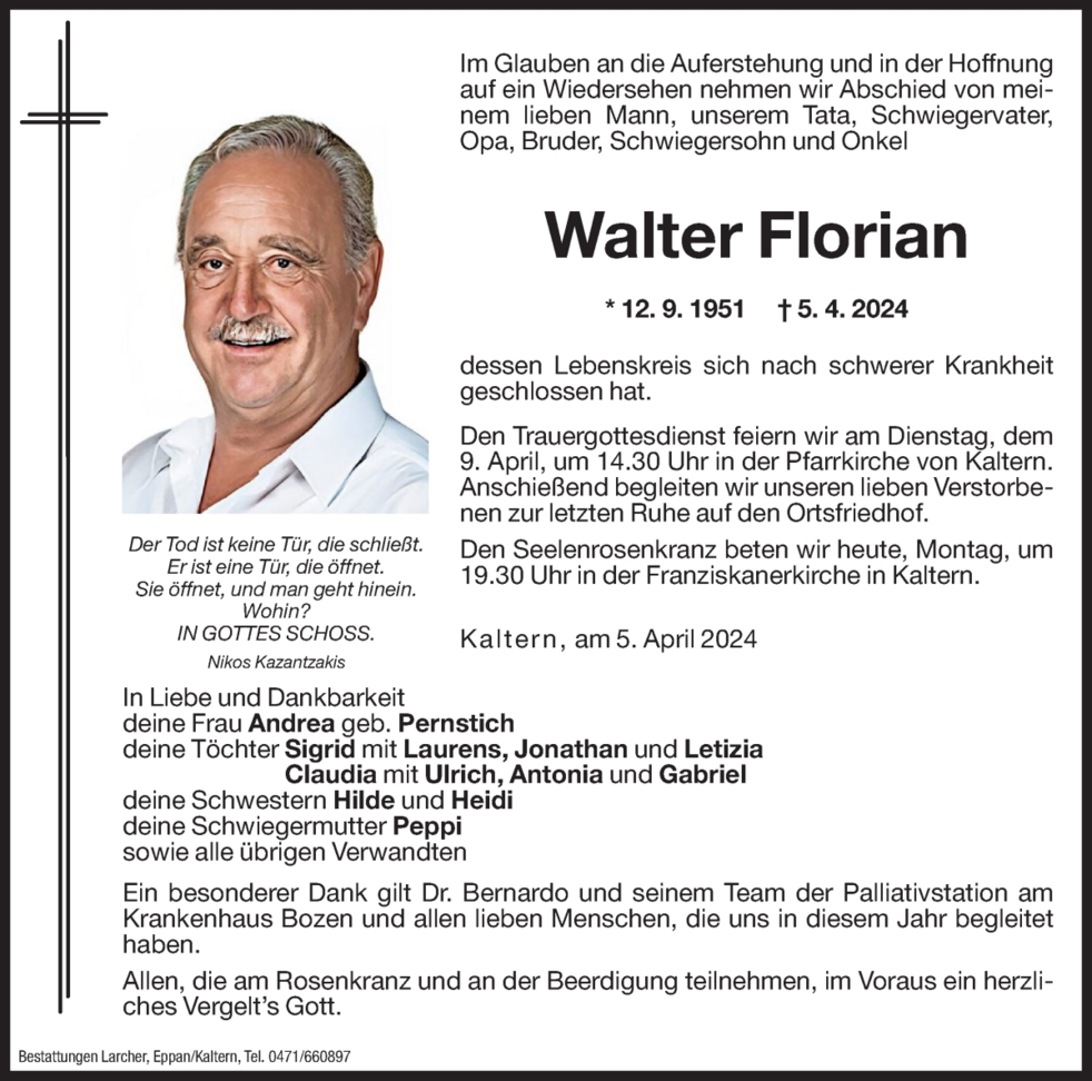 Walter Florian aus Kaltern - TrauerHilfe.it - das Südtiroler Gedenkportal