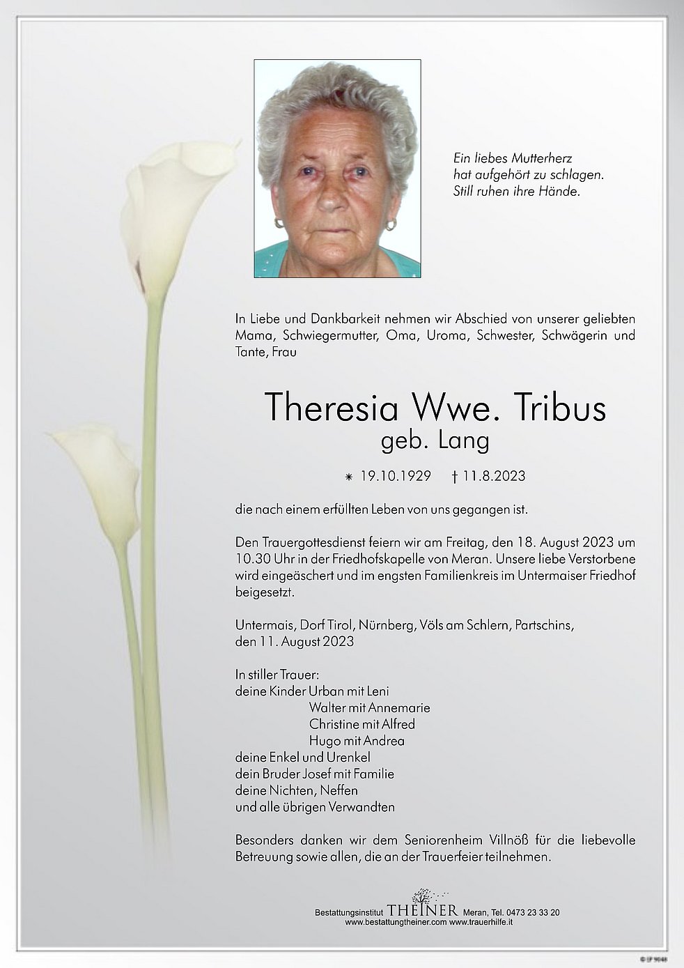 Theresia Wwe. Tribus aus Meran - TrauerHilfe.it - das Südtiroler Gedenkportal