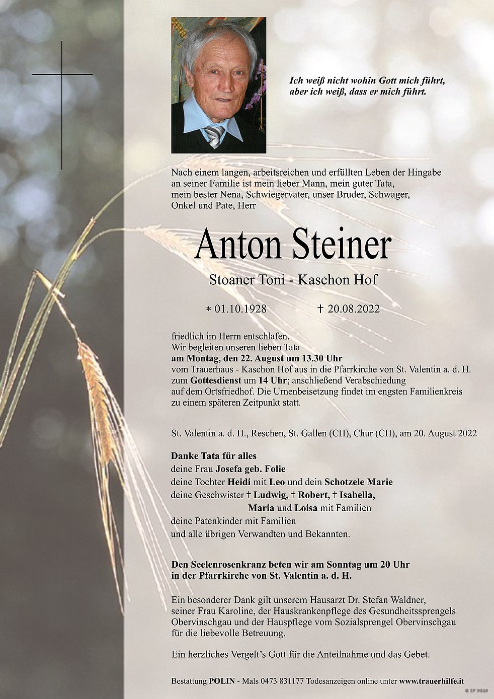 Anton Steiner aus Graun - TrauerHilfe.it - das Südtiroler Gedenkportal