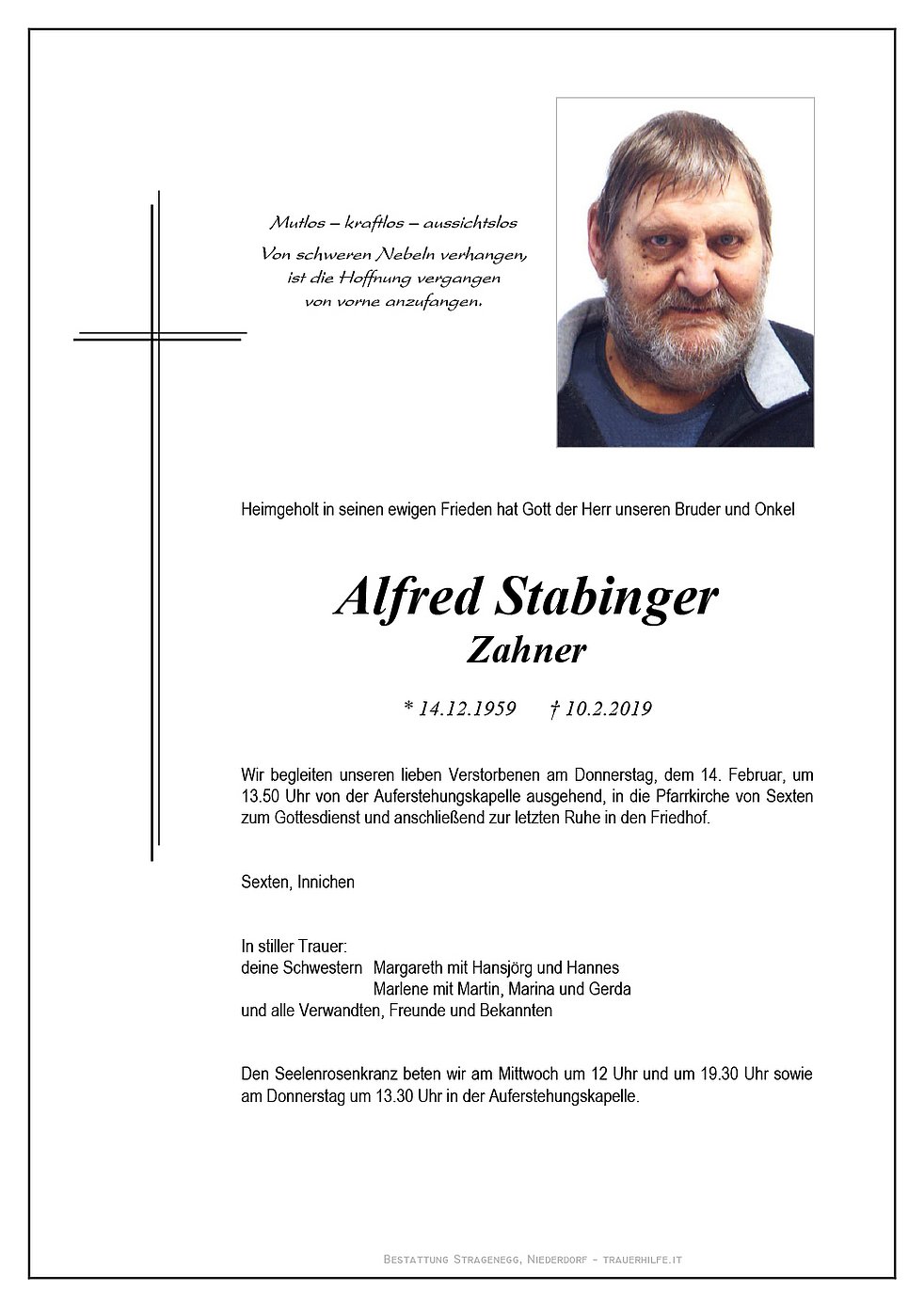 Alfred Stabinger aus Sexten - TrauerHilfe.it - das Südtiroler Gedenkportal