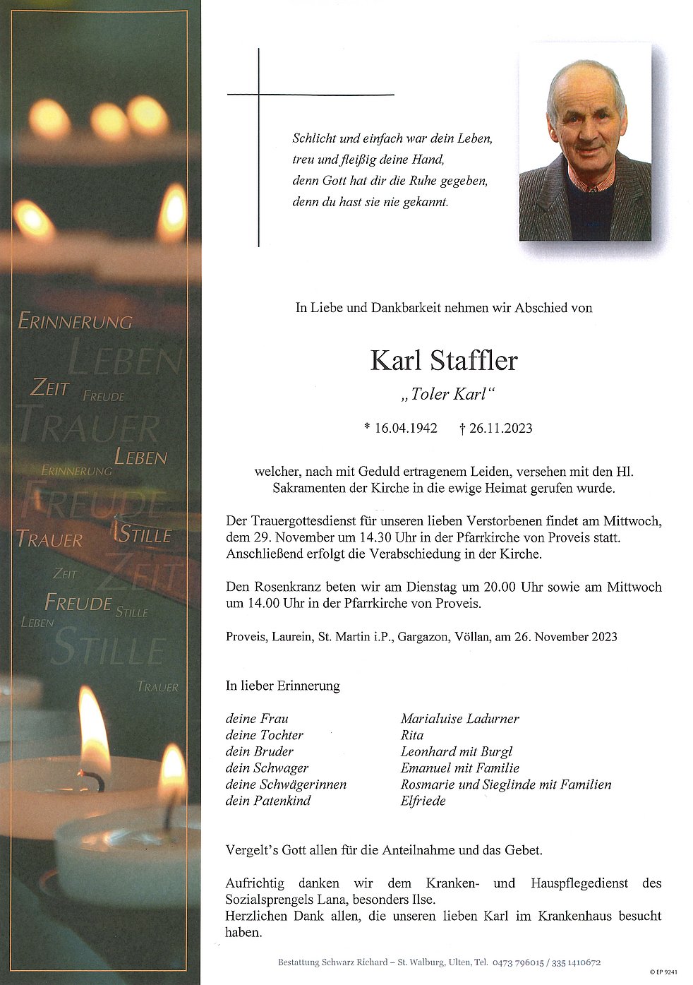 Karl Staffler aus Proveis - TrauerHilfe.it - das Südtiroler Gedenkportal