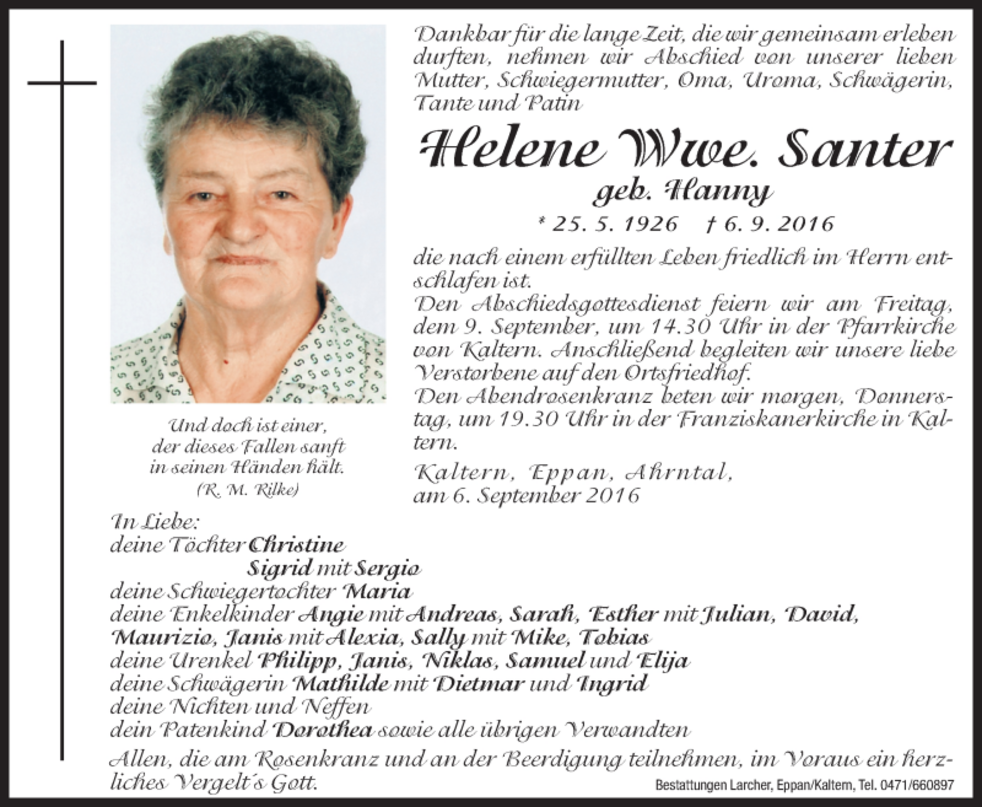 Helene Wwe. Santer aus Kaltern - TrauerHilfe.it - das Südtiroler ...