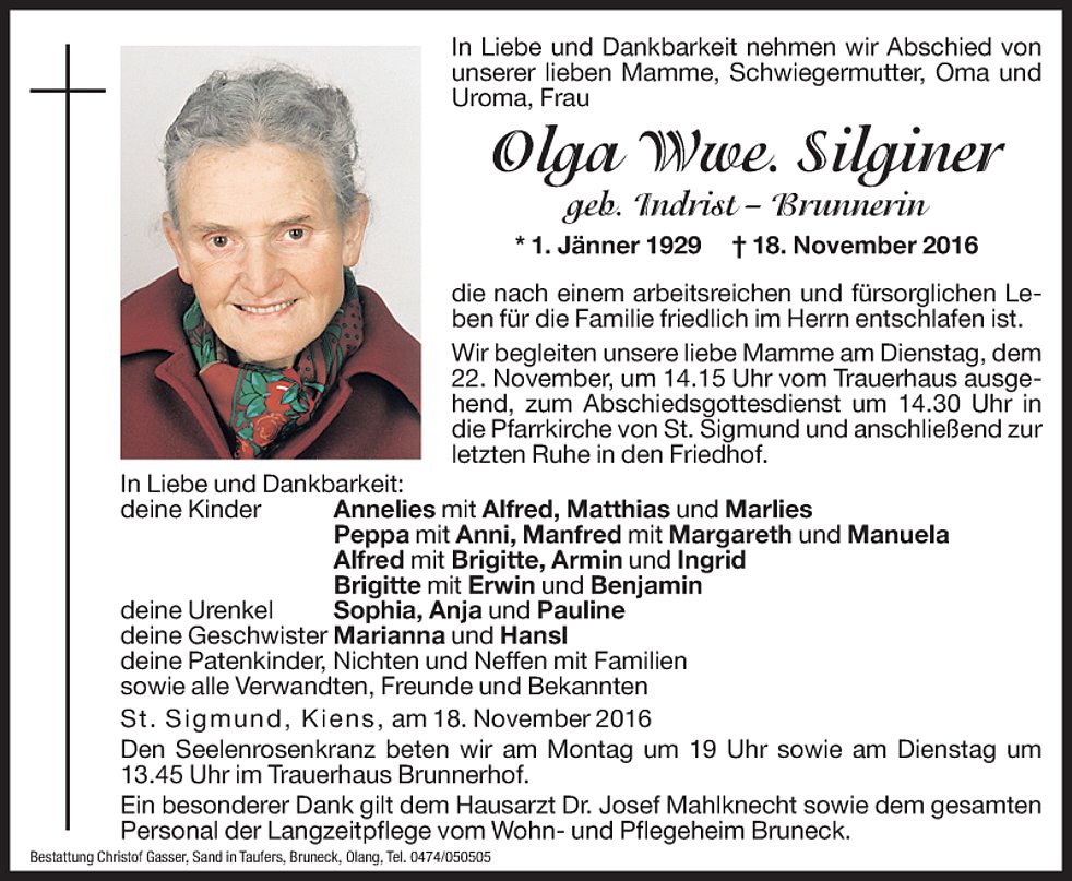 Olga Wwe. Silginer aus Kiens - TrauerHilfe.it - das Südtiroler Gedenkportal