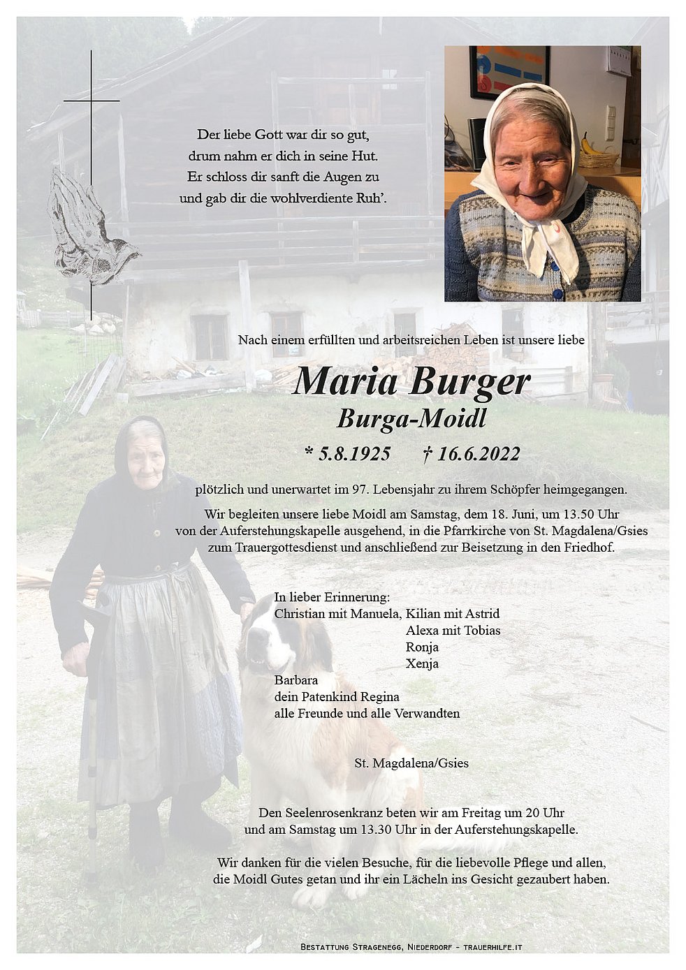 Maria Burger aus Gsies - TrauerHilfe.it - das Südtiroler Gedenkportal