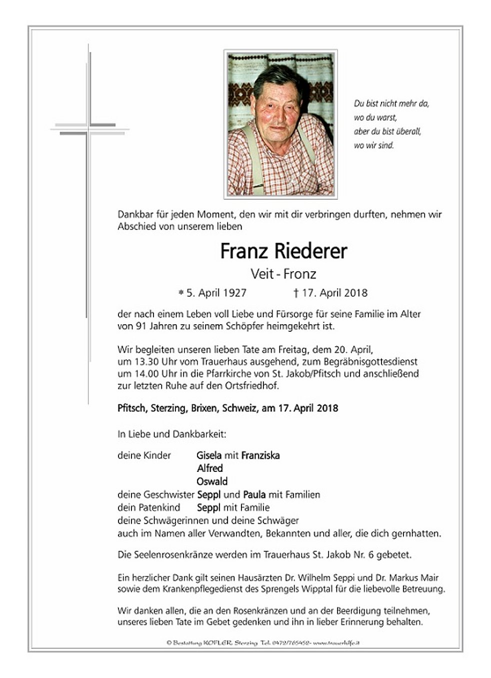 Franz Riederer aus Pfitsch - TrauerHilfe.it - das Südtiroler Gedenkportal