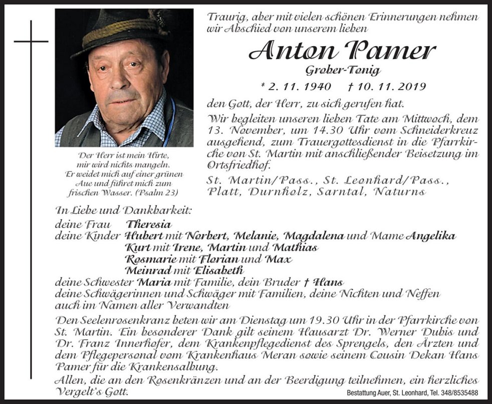 Anton Pamer aus St. Martin i. P. - TrauerHilfe.it - das Südtiroler ...
