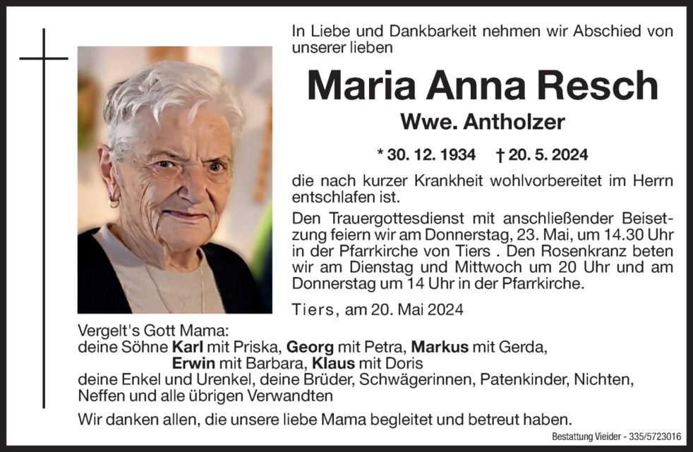Maria Anna Resch aus Tiers - TrauerHilfe.it - das Südtiroler Gedenkportal
