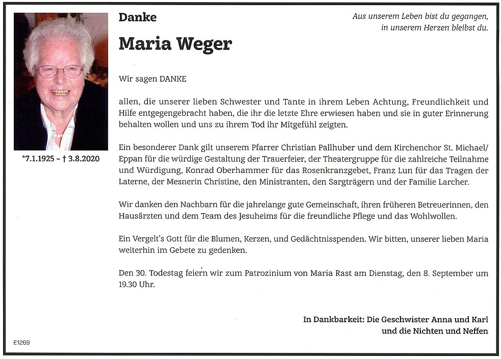 Maria Weger aus Eppan a. d. W. - TrauerHilfe.it - das Südtiroler ...